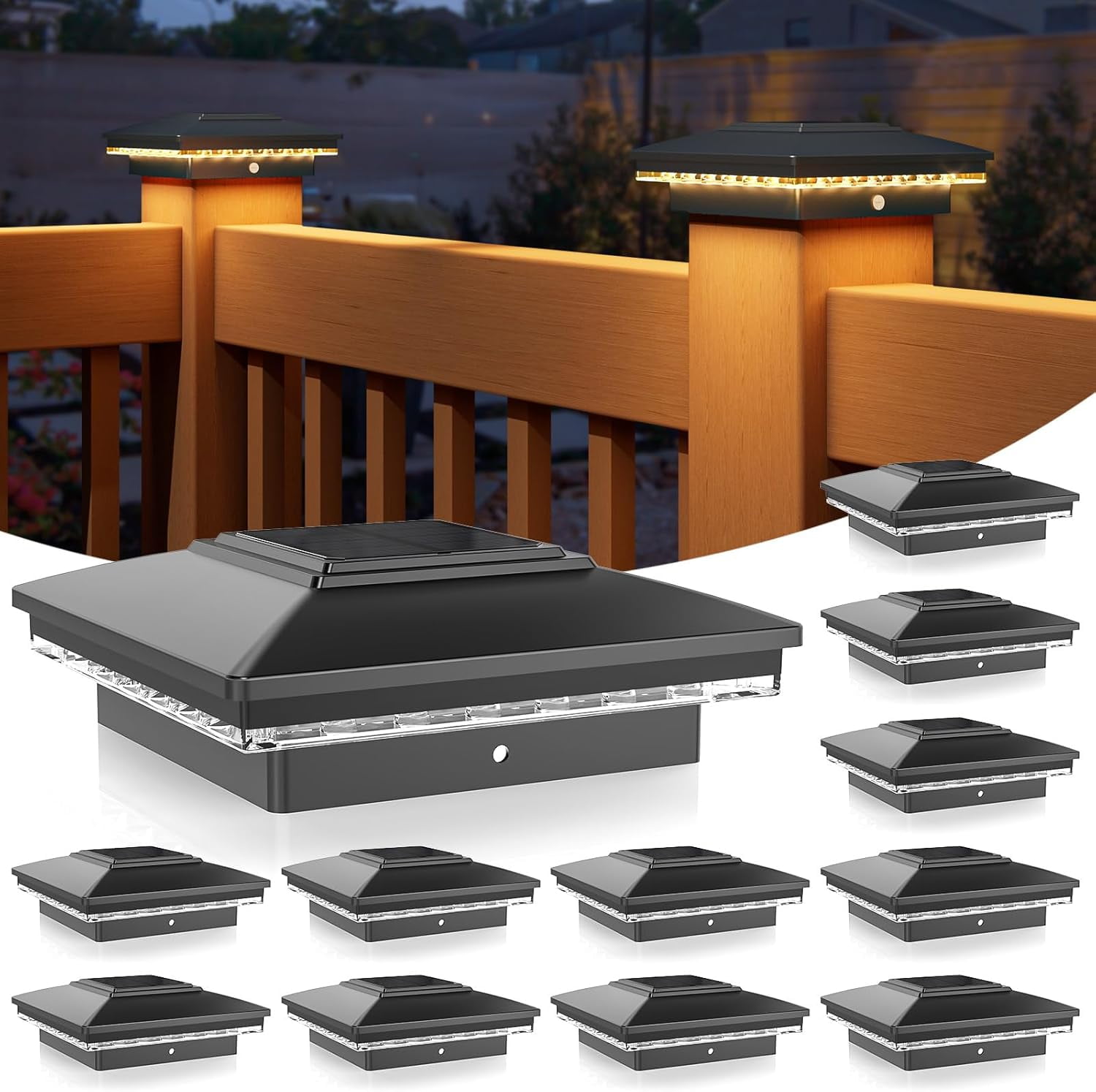 4x4 Solar Post Cap Lights 12 Pack - IP65 Waterproof, 24 LED Warm White Solar Lights for 4x4 Wood ...