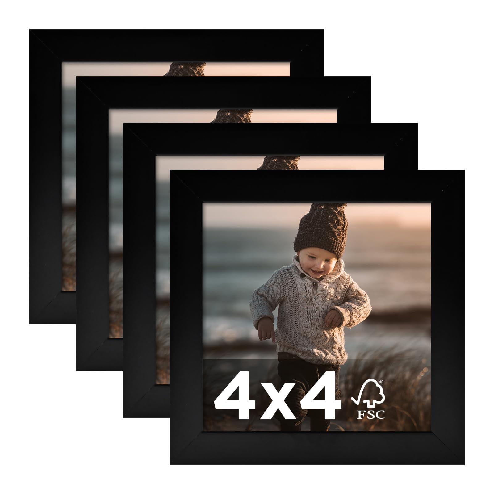 4x4 Square Picture Frames Black 4 Pack, Wooden Frames with Acrylic ...