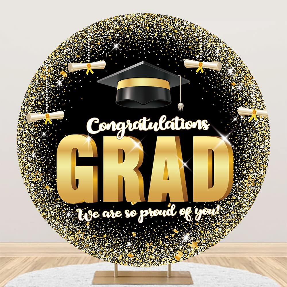 4x4Ft Grad Round Backdrop Cover Black and Gold Graduation Party ...