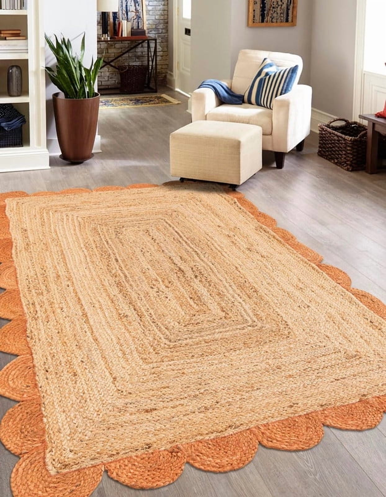 4x5 Ft Orange & Natural Jute Premium Scalloped Jute Rug – Handcrafted ...