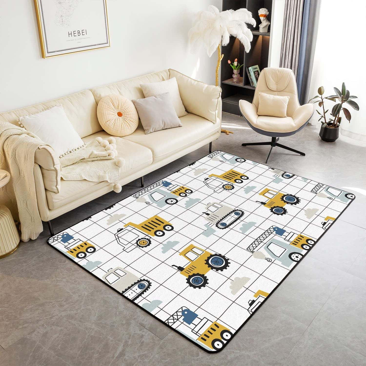 4x5ft Kawaii Area Rug,Kids Cartoon Dump Truck Carpet Lattice Crane ...