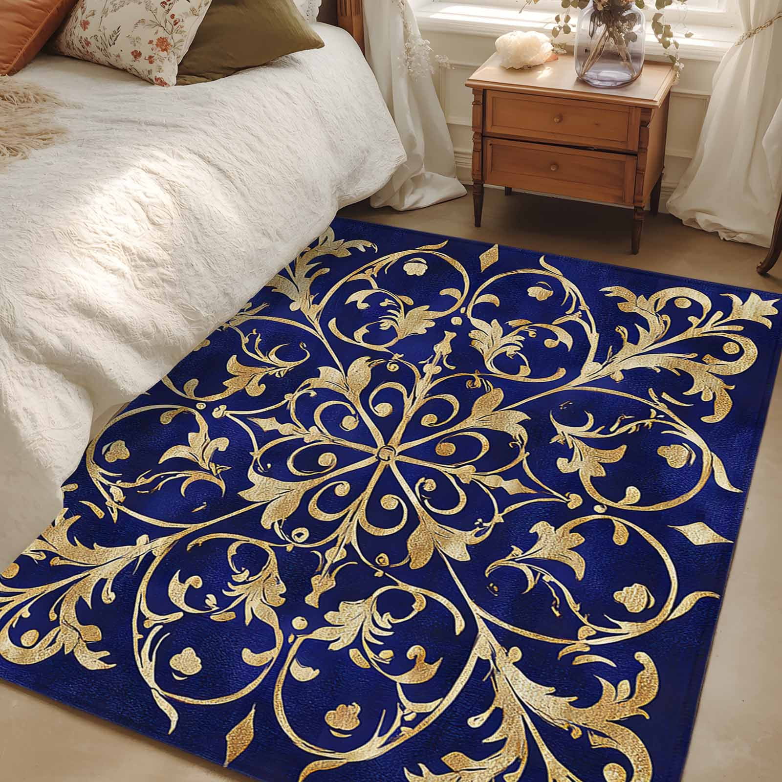 4x6 Area Rugs, Abstract Blue Gold Non-Skid Rubber Backing Large ...