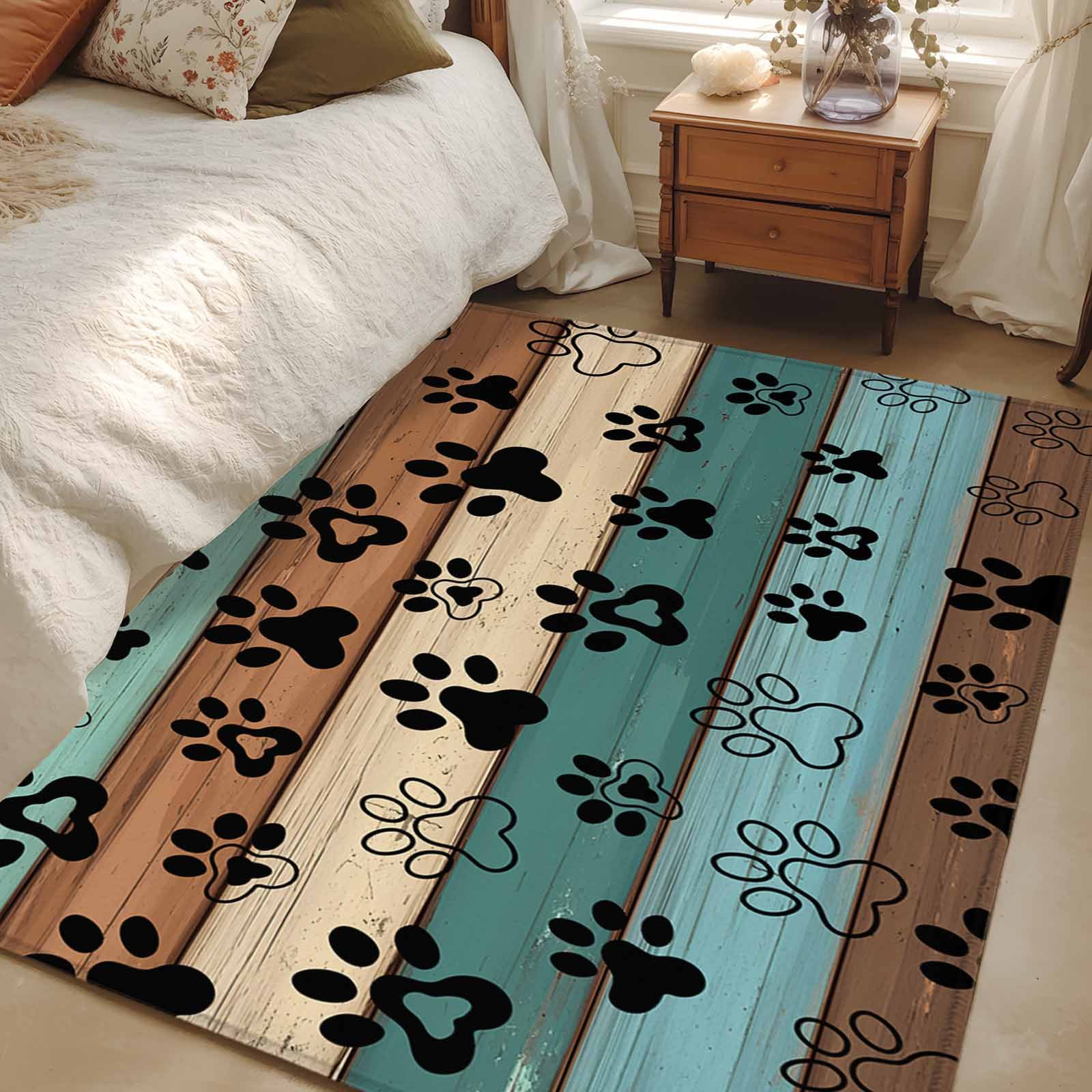 4x6 Area Rugs, Green Brown Paw Print Non-Skid Rubber Backing Large ...