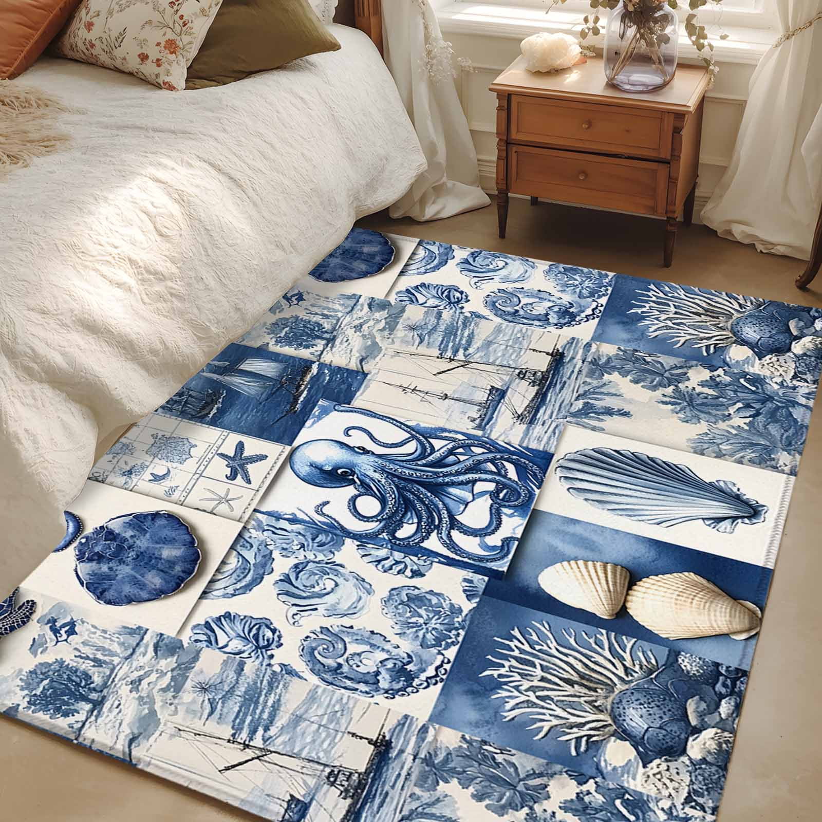 4x6 Area Rugs, Nautical Blue Non-Skid Rubber Backing Large Rectangle ...