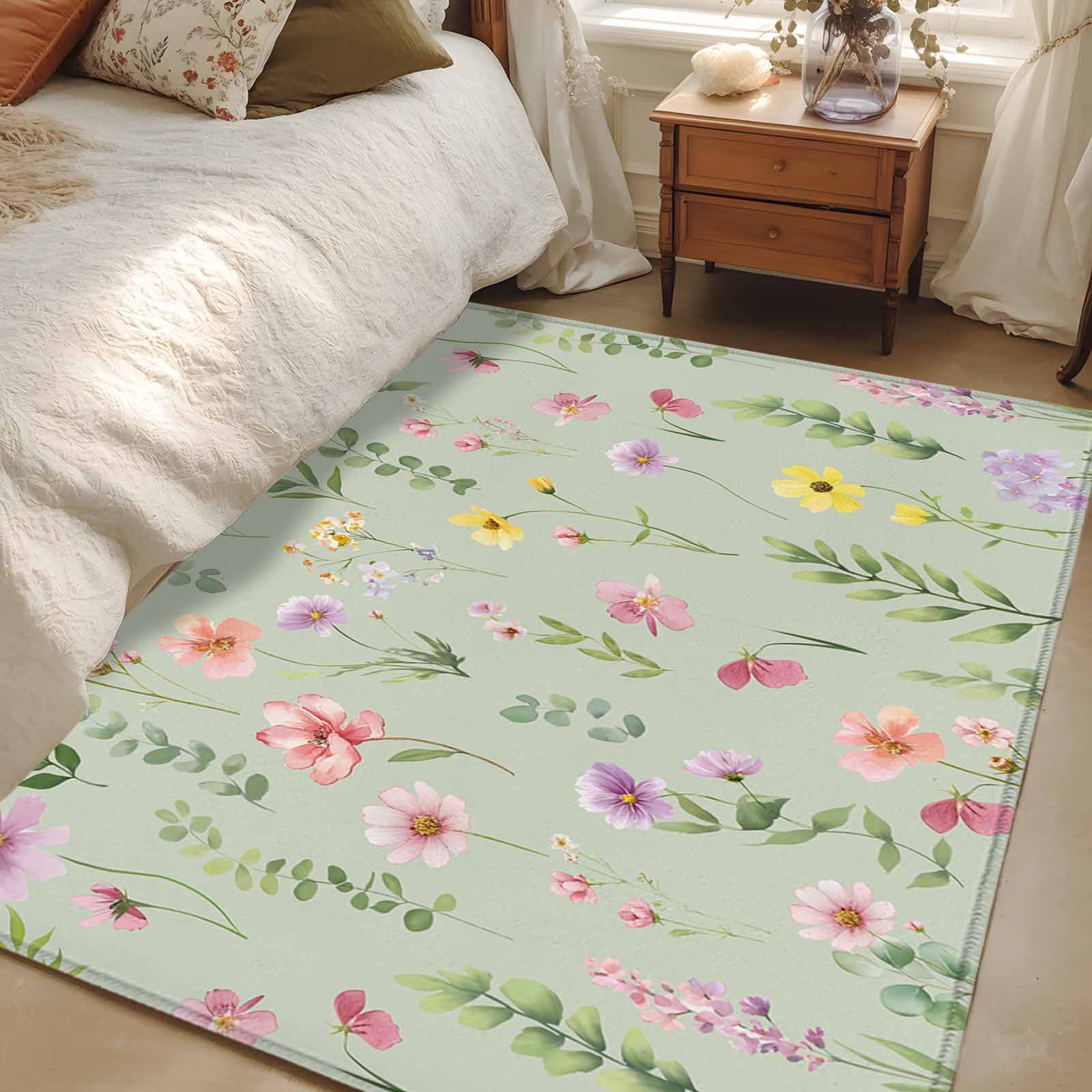 4x6 Area Rugs, Pink Spring Floral Non-Skid Rubber Backing Large ...