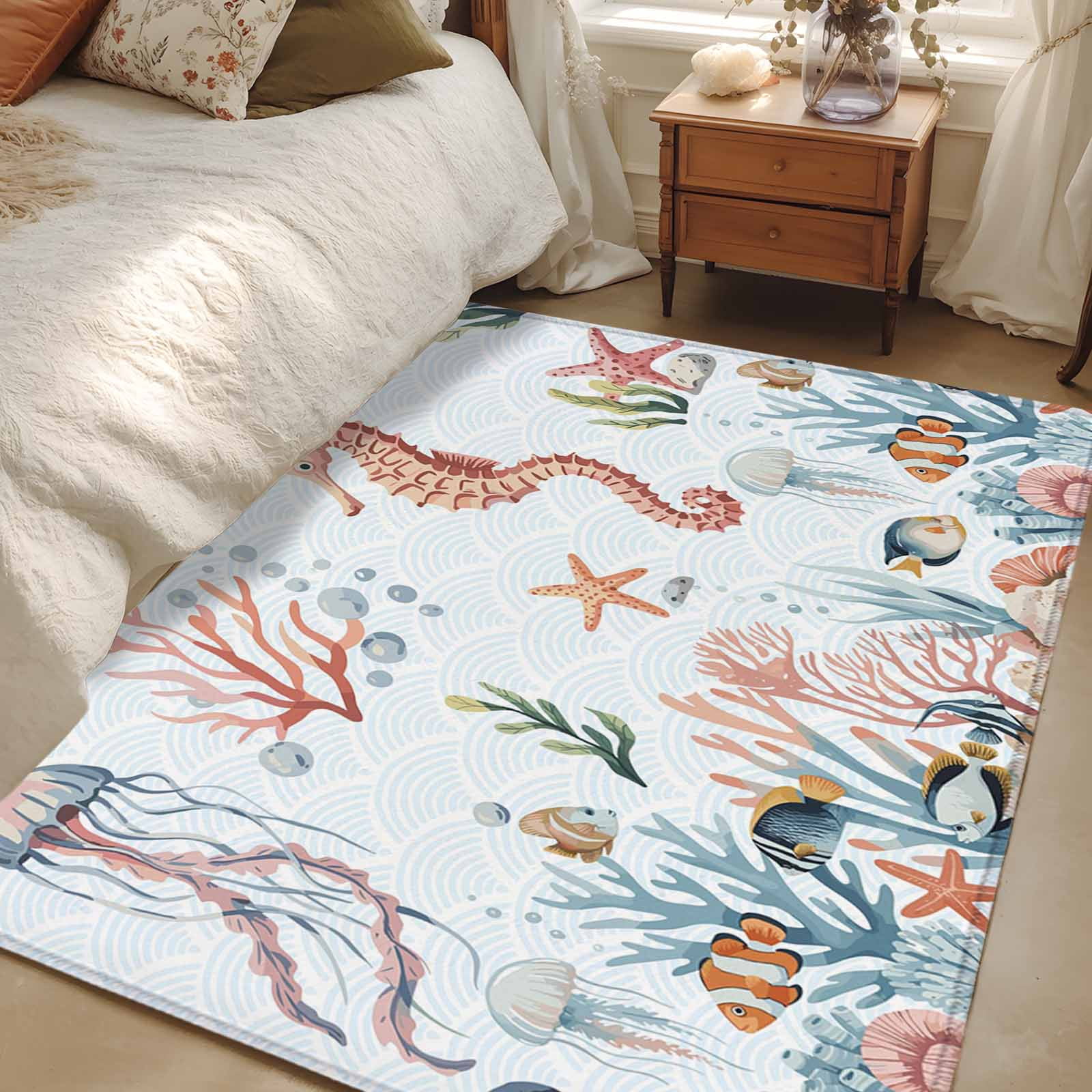 4x6 Area Rugs, Seahorse Coastal Non-Skid Rubber Backing Large Rectangle ...