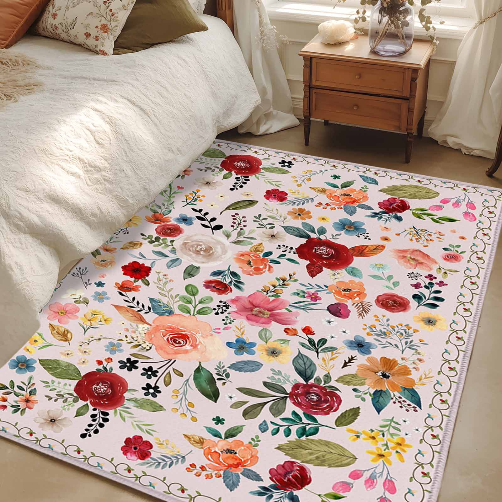4x6 Area Rugs, Watercolor Flowers Non-Skid Rubber Backing Large ...