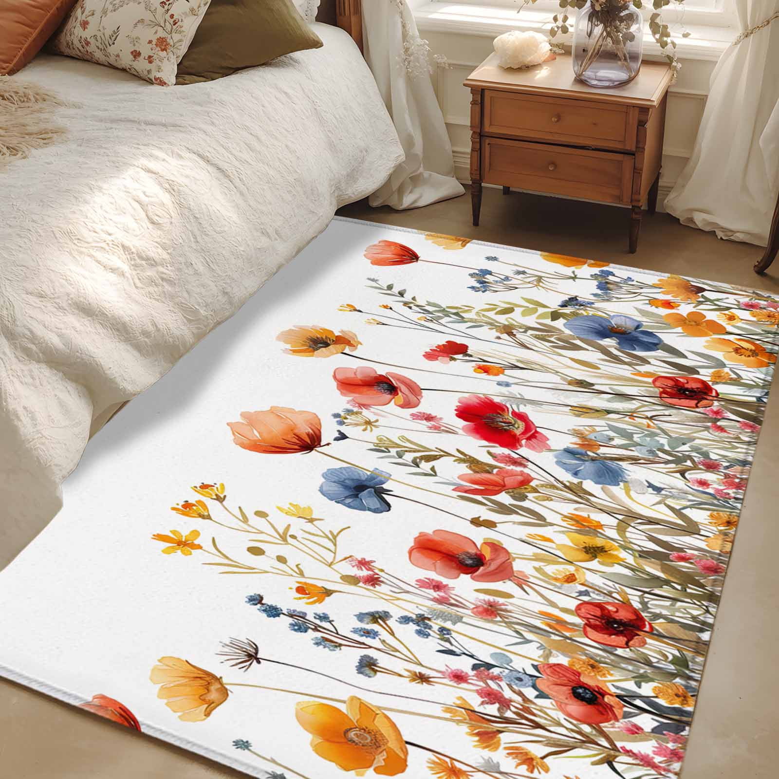 4x6 Area Rugs, Yellow Red Blue Spring Floral Non-Skid Rubber Backing ...