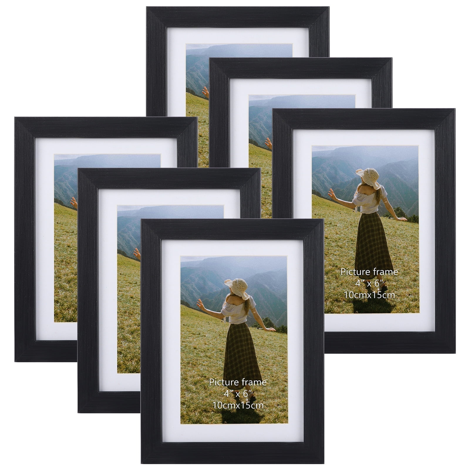 4x6 Black Picture Frame Set of 6, Matted to 4x6 Photos with Mat or 5x7 Without Mat for Wall ...