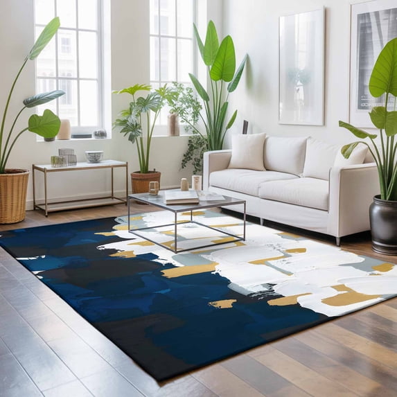4x6 Blue Oil Painting Area Rug for Living Room, Washable Non Slip Low ...