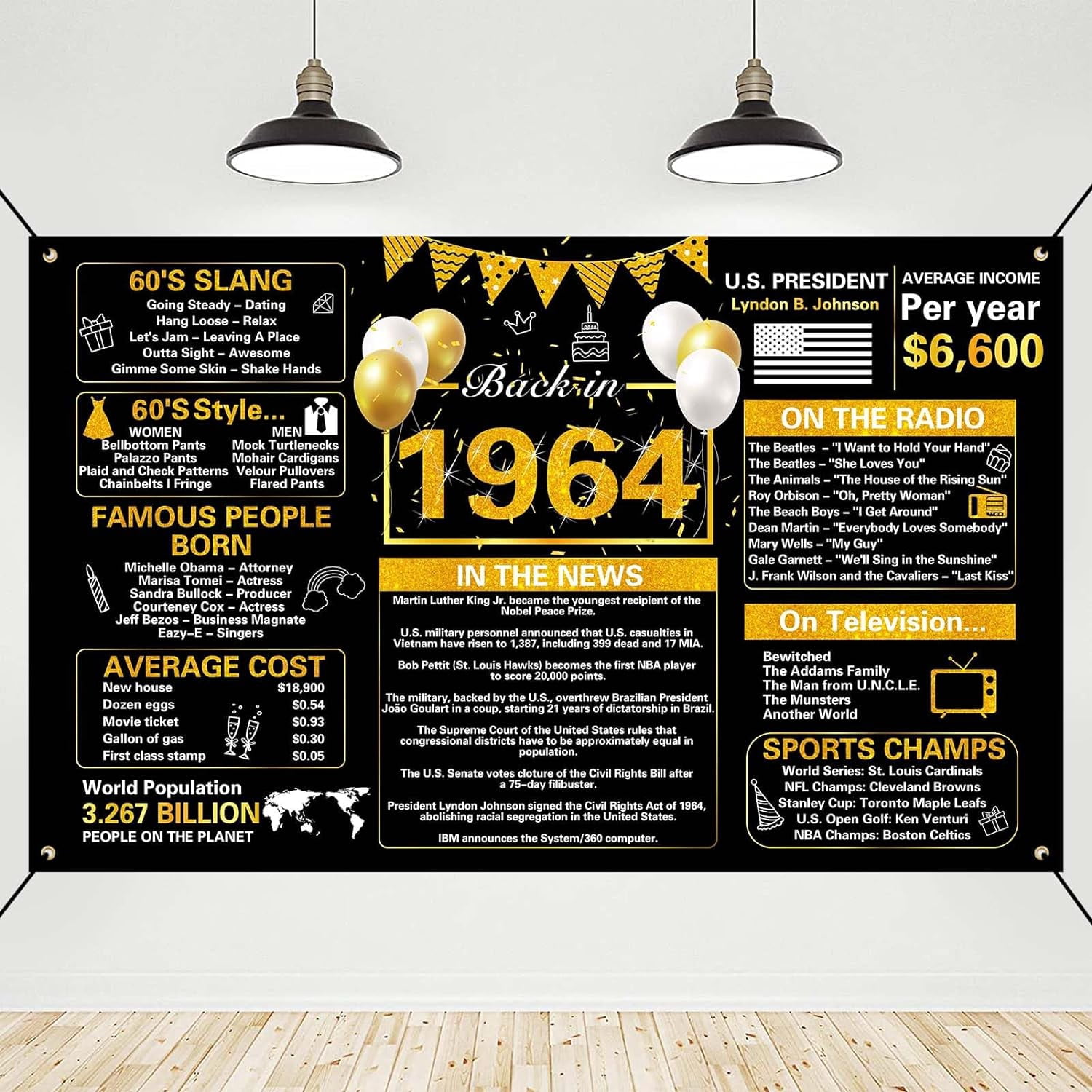 4x6 FT 61th Birthday Decorations for 1964, Black and Gold Back in 1964 ...