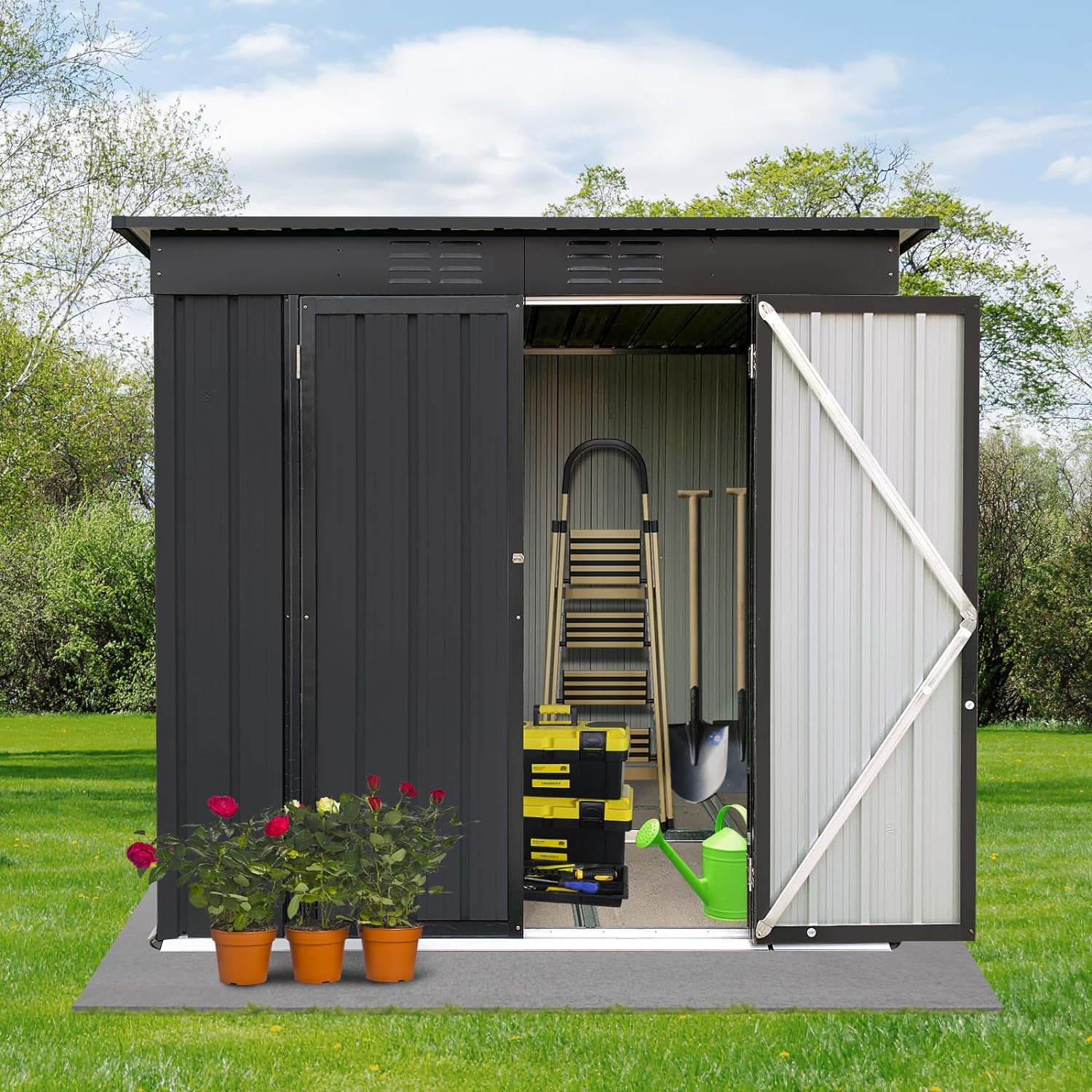 4x6 FT Metal Garden Sheds with Hinged Door,Padlock & Pent Roof,Aluminum ...