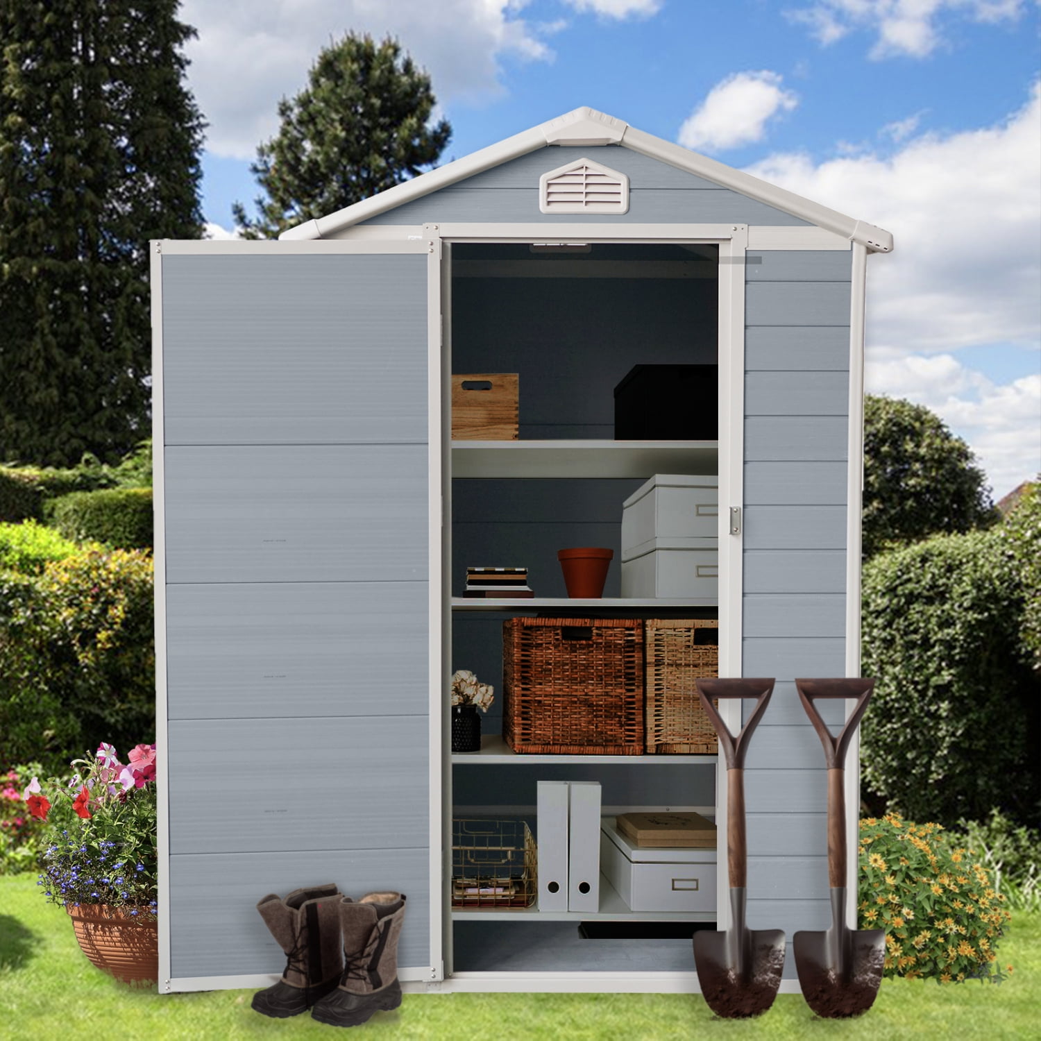 4x6 FT Resin Storage Shed with Floor, Outdoor Plastic Garden Shed with ...