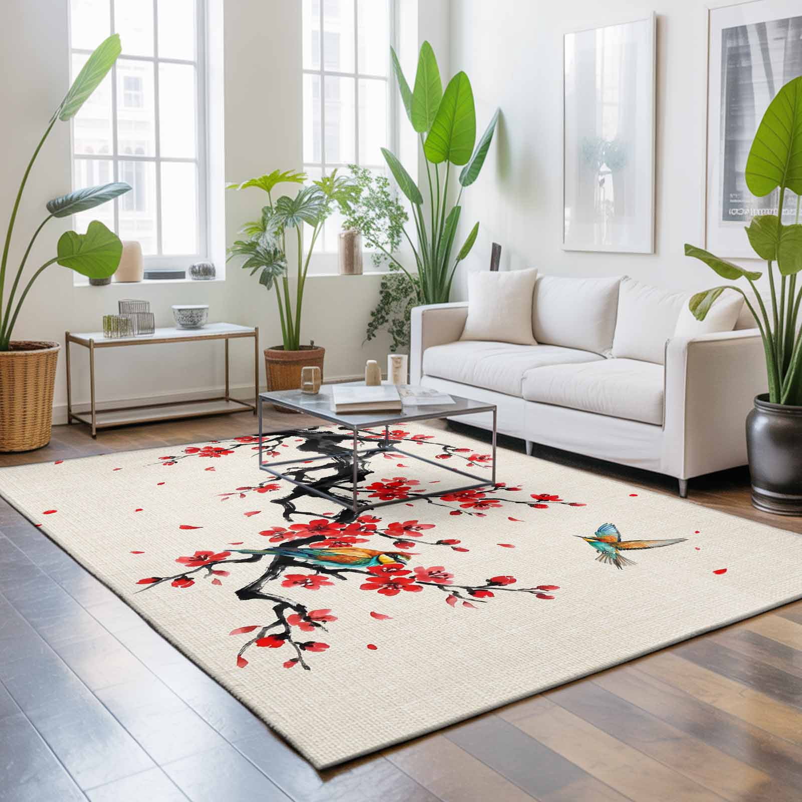 4x6 Flower Birds Area Rug for Living Room, Washable Non Slip Low Pile ...