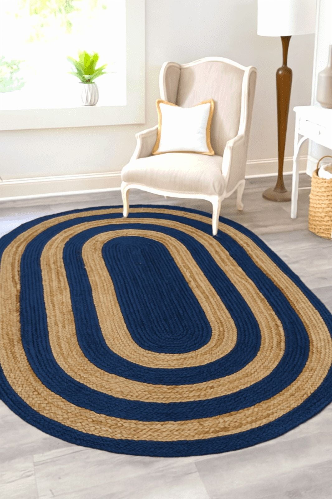 4x6 Ft Oval Navy Blue & Natural Jute Area Rug, Hand-Woven, Reversible ...