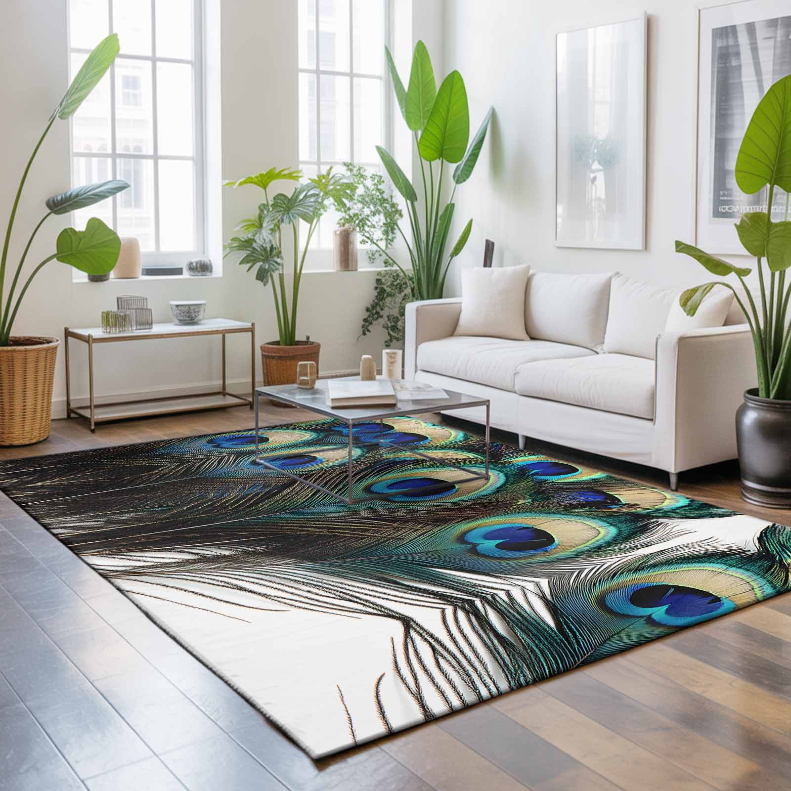 4x6 Green Peacock Feather Area Rug for Living Room, Washable Non Slip ...