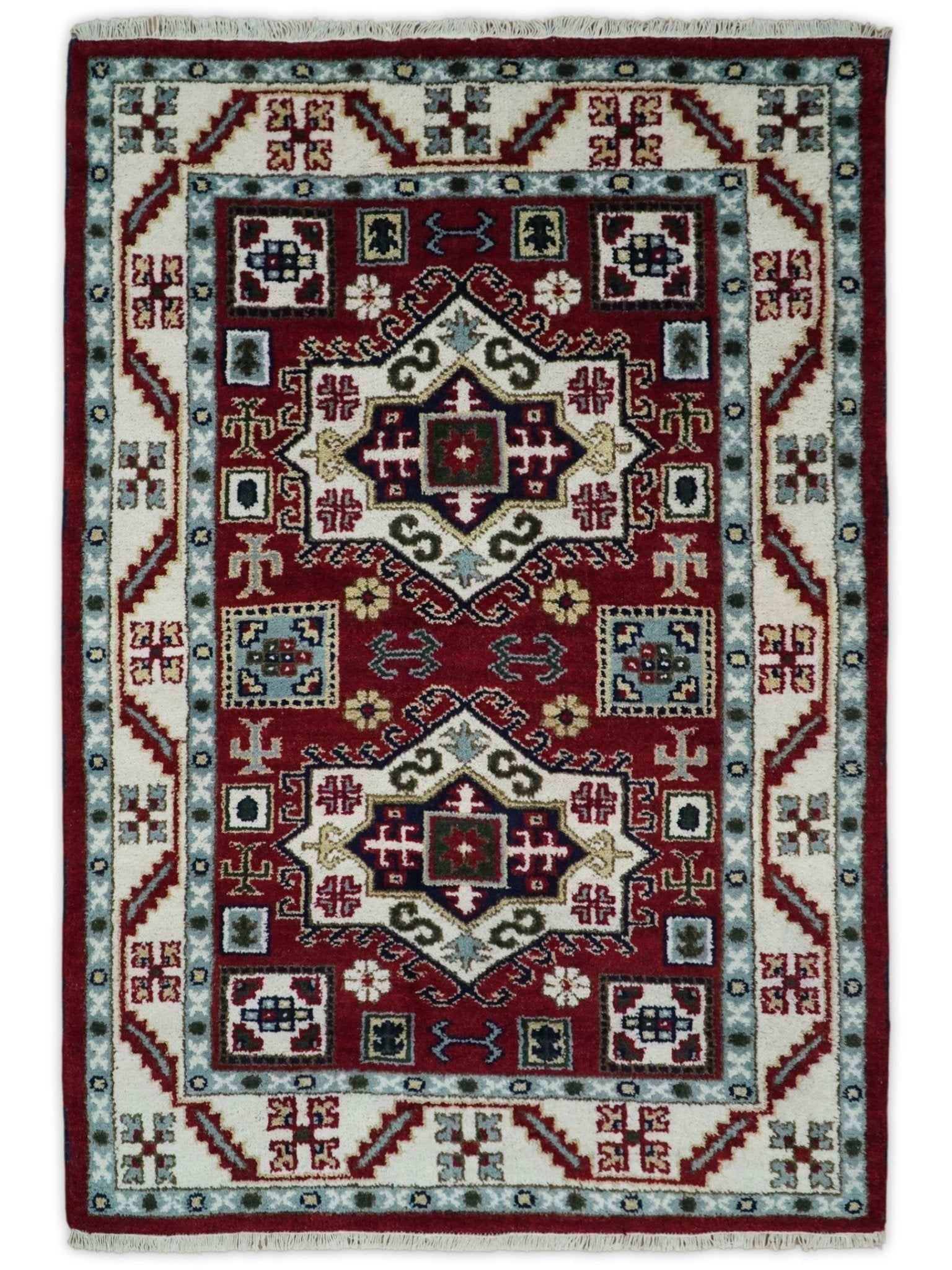 Handmade 4x6 Wool Area Rug, Hand-Knotted Traditional Kazak, Rust and ...