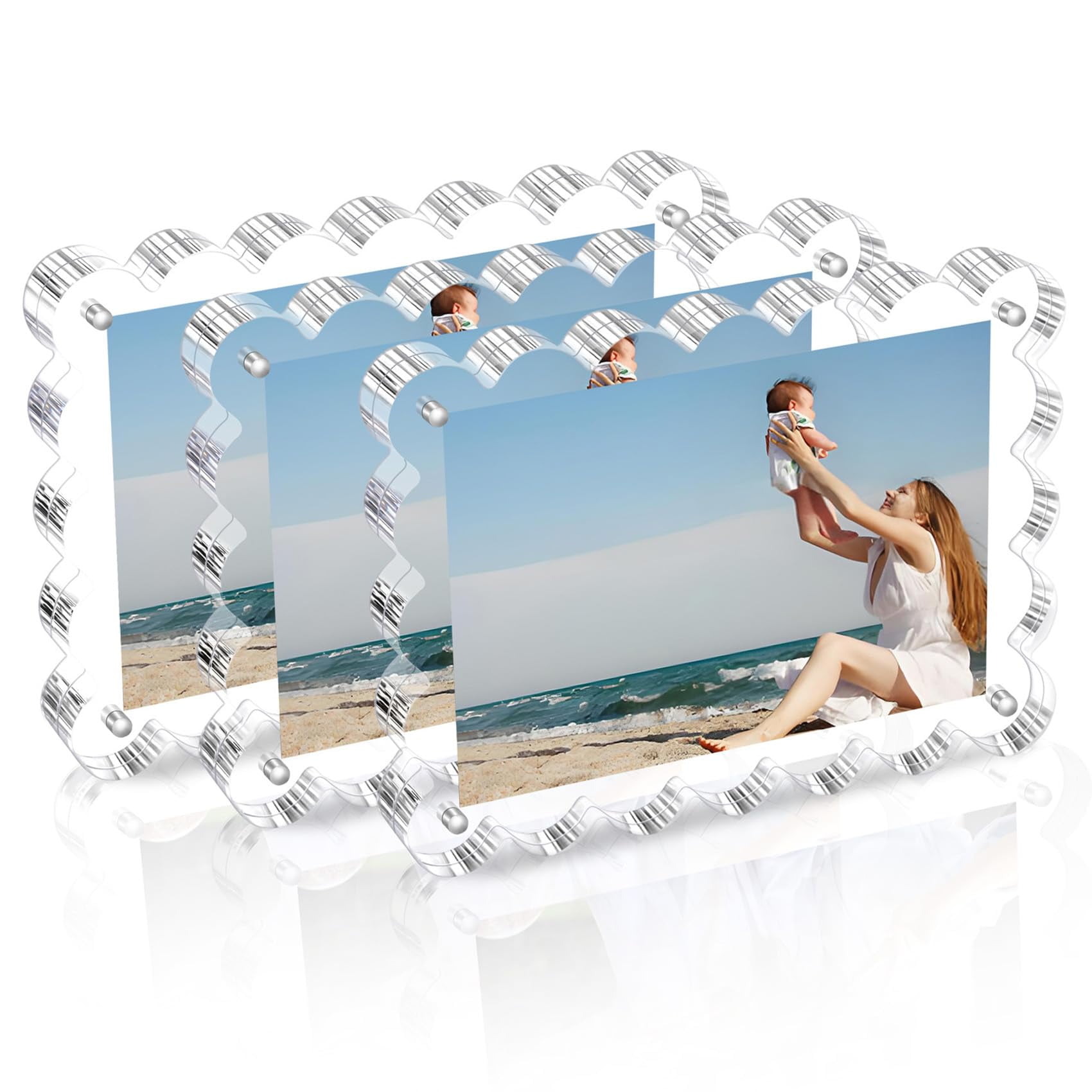 4x6 Magnetic Acrylic Photo Frame Set of 3, Freestanding Scalloped Edge ...