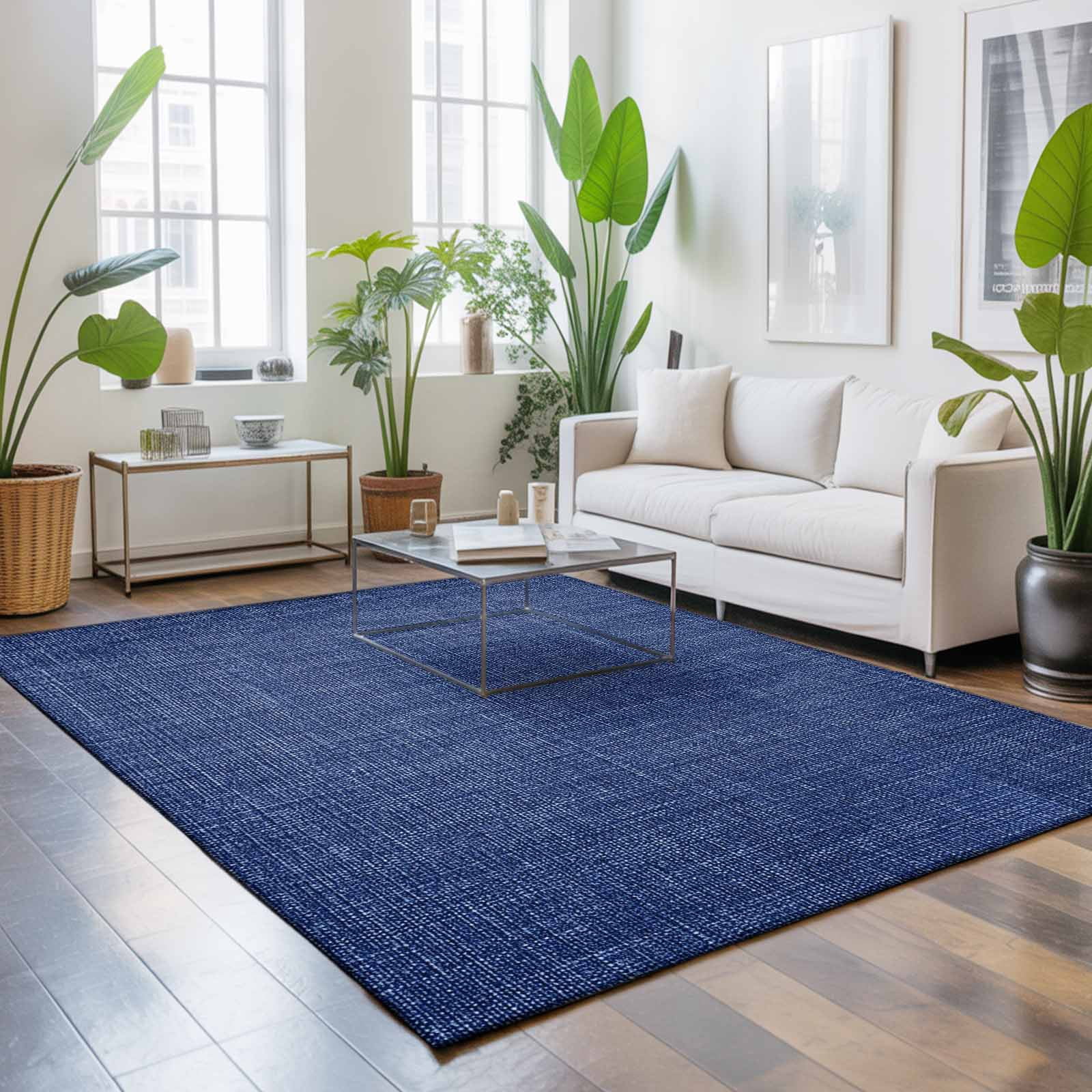 4x6 Navy Blue Linen Texture Area Rug for Living Room, Washable Non Slip ...