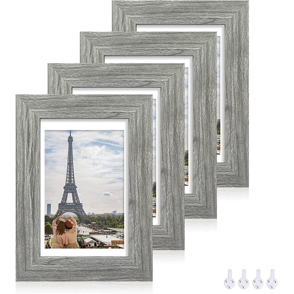 4x6 Picture Frame Set of 4, Made of Real Glass and Grey Wooden Frame, 4 ...