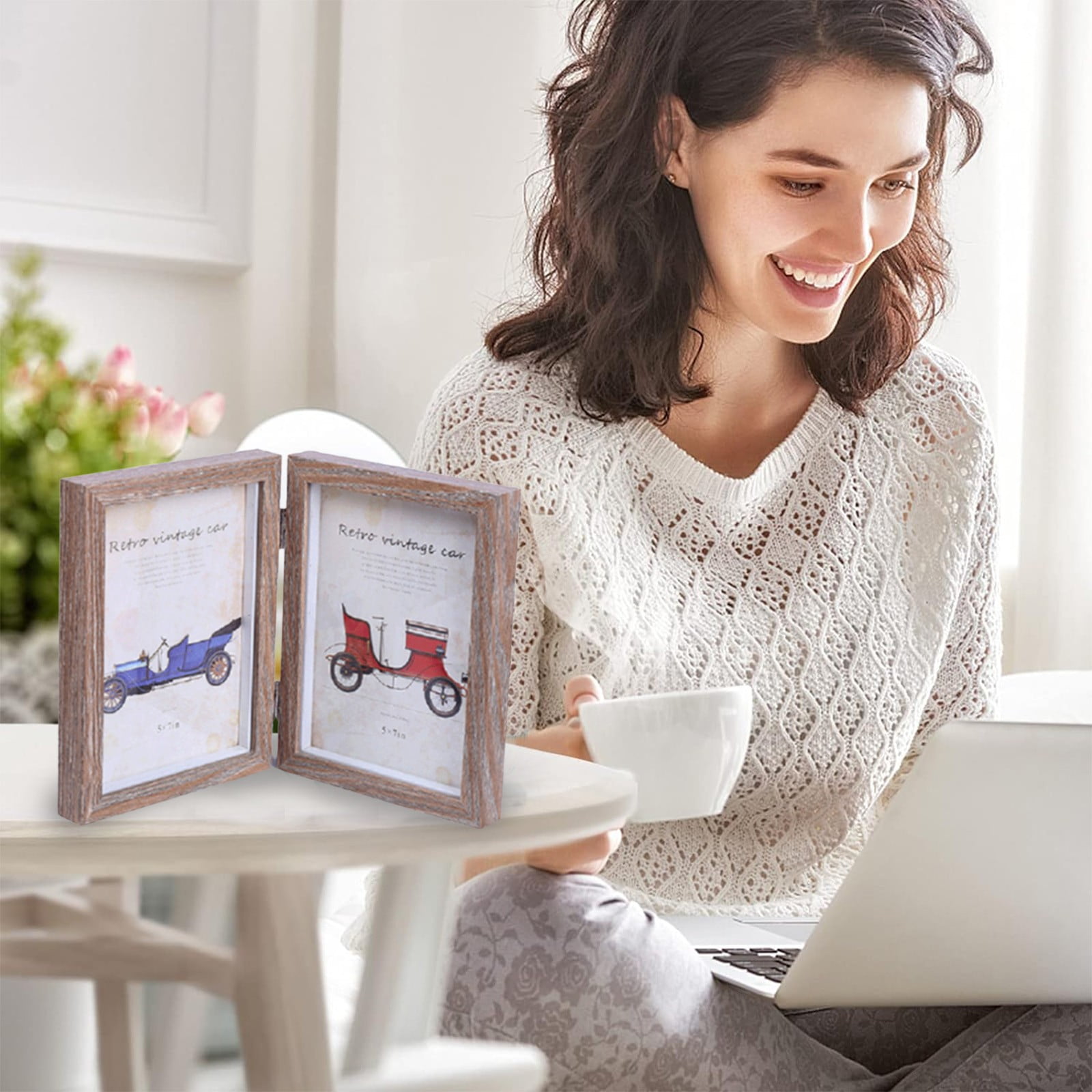 4x6 Picture Frames Double Hinged MDF Wood Grain with Glass Front Stand ...