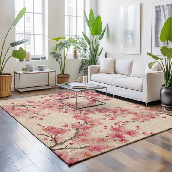 4x6 Pink Peach Blossoms Area Rug for Living Room, Washable Non Slip Low ...