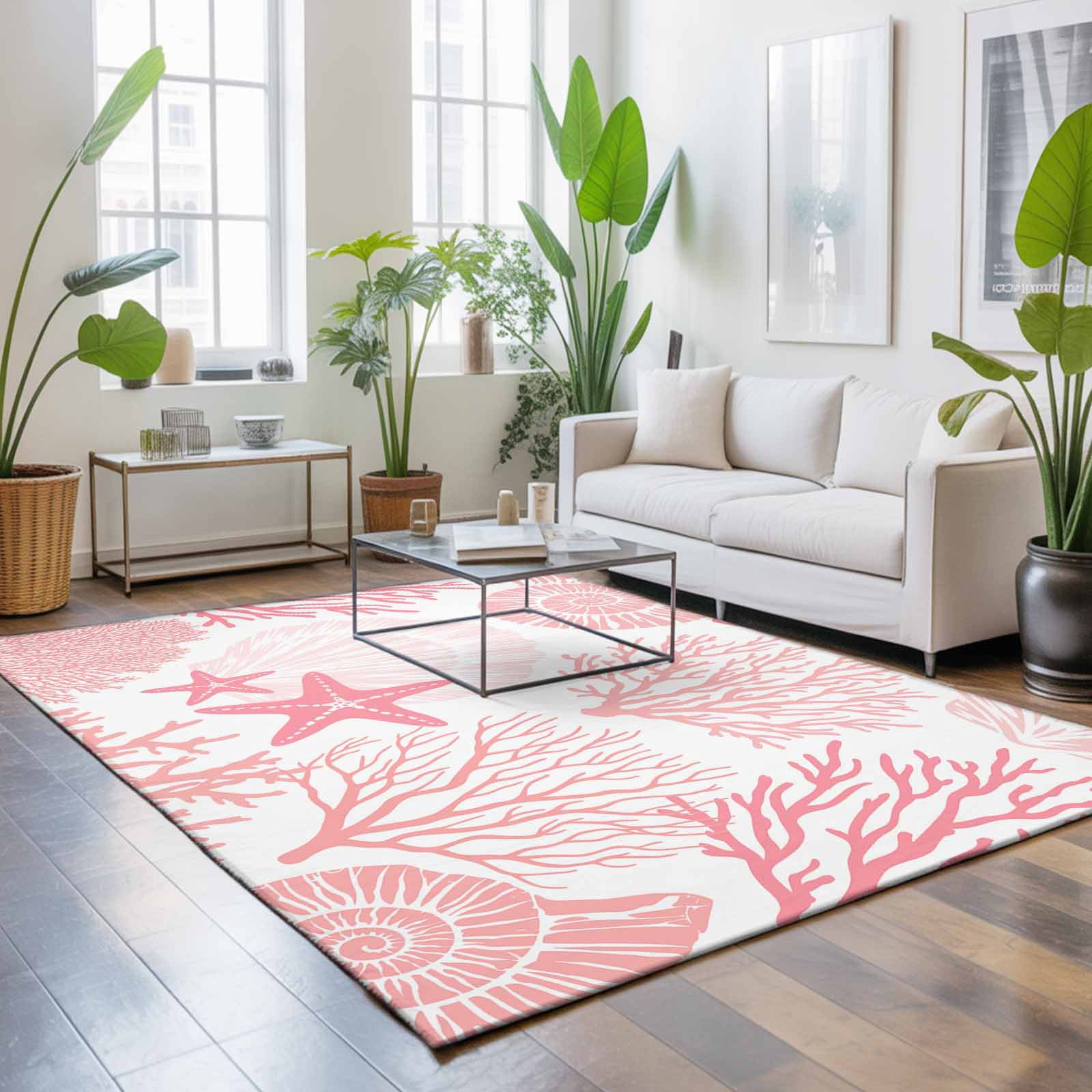 4x6 Pink Starfish Shell Area Rug for Living Room, Washable Non Slip Low ...