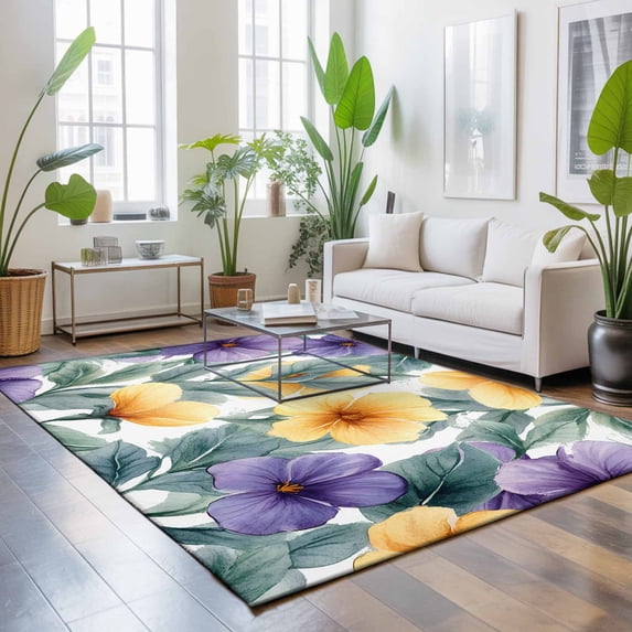 4x6 Purple Yellow Flowers Area Rug for Living Room, Washable Non Slip ...