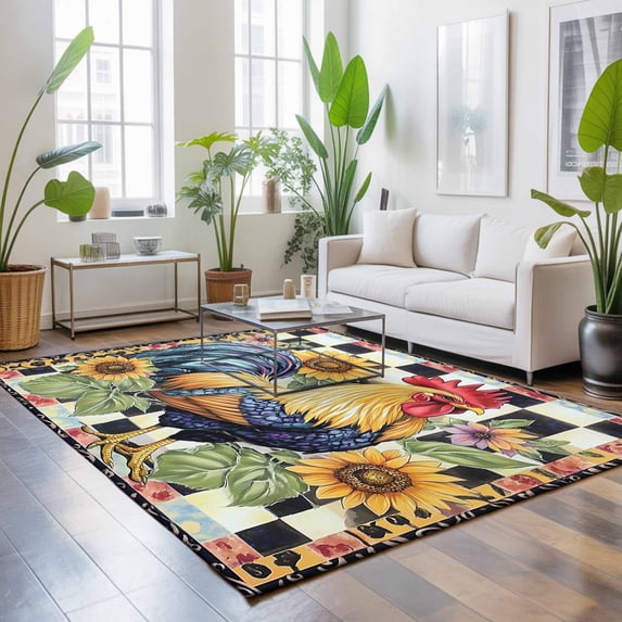 4x6 Rooster Sunflower Leaf Area Rug for Living Room, Washable Non Slip ...