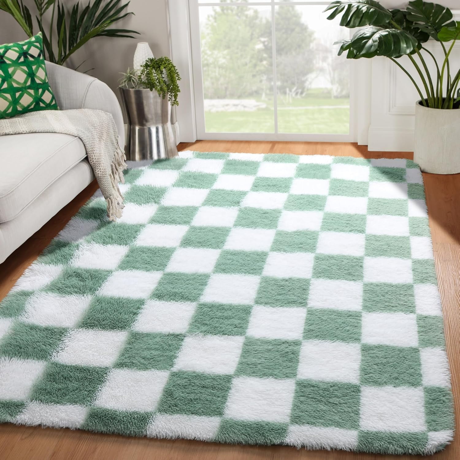 4x6 Rug for Bedroom Living Room, Fluffy Sage Green and White Checkered ...