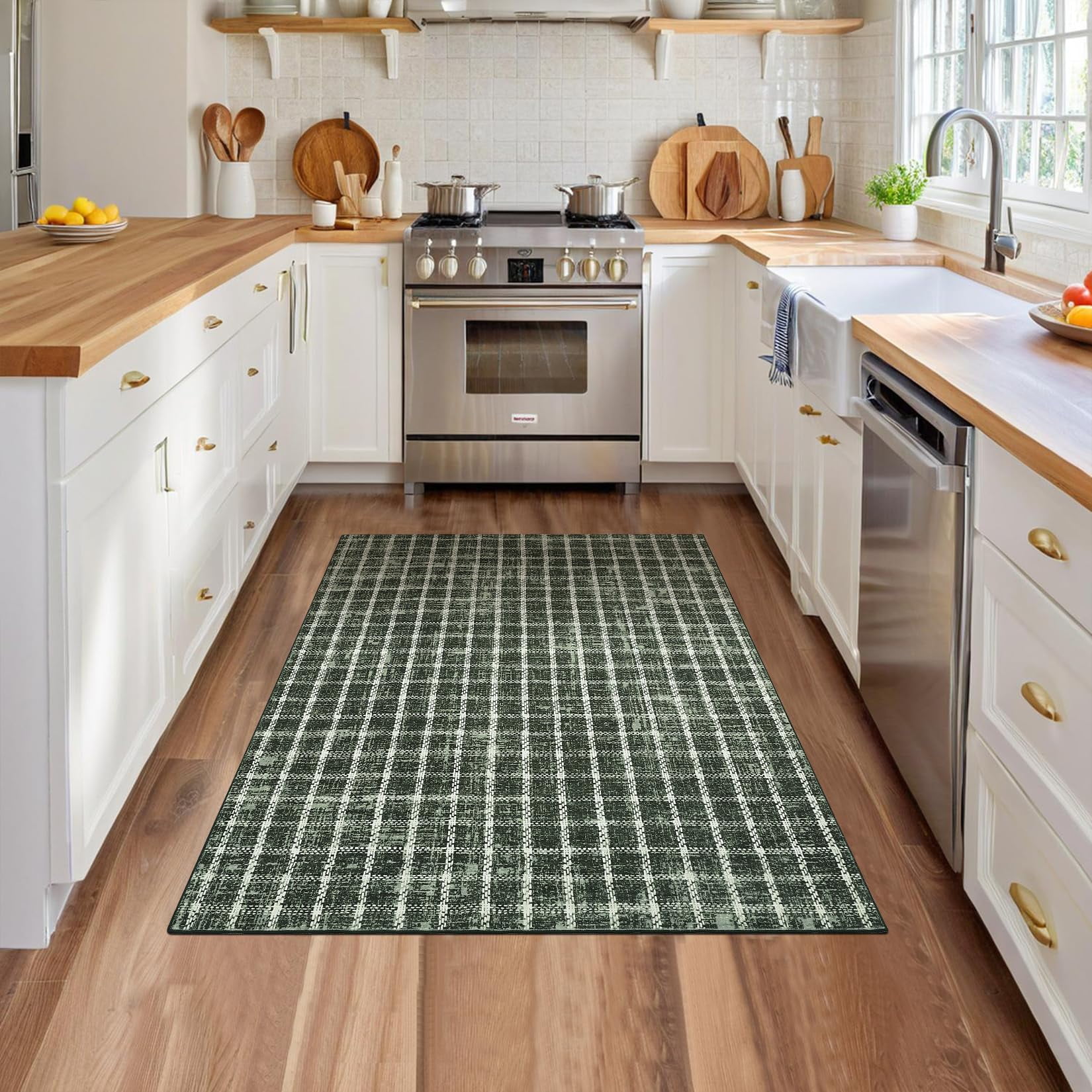 4x6 Rug Non-Slip Washable Low-Pile Carpet - Checkered Braided Geometric Print for Bedroom Living ...