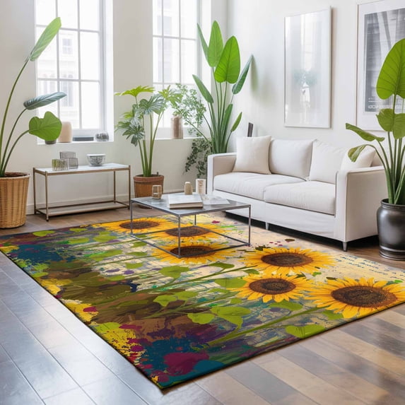 4x6 Sunflower Area Rug for Living Room, Washable Non Slip Low Pile Soft ...
