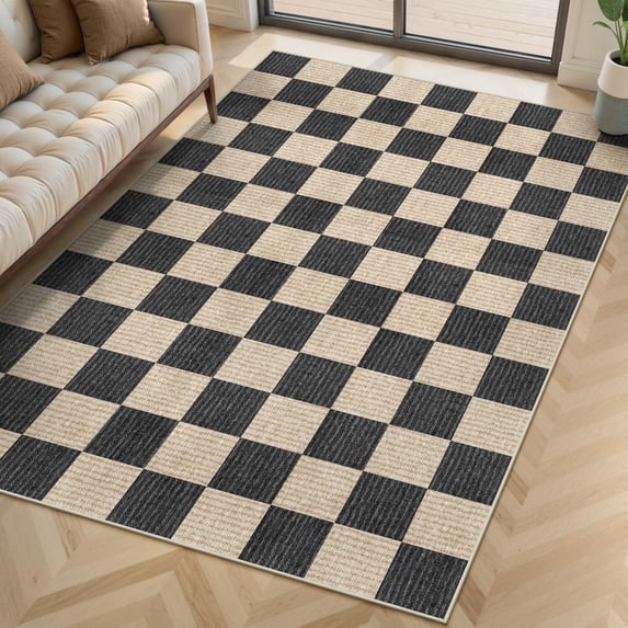 4x6 Washable Area Rug Checkered Non-slip Small Entryway Black Farmhouse ...