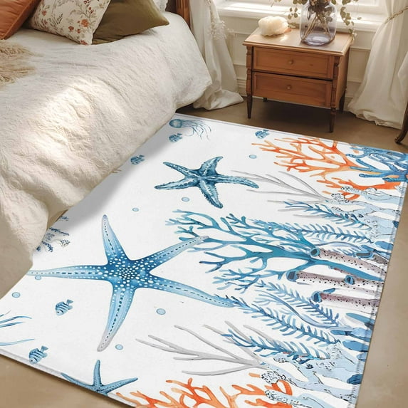 4x6Ft Area Rugs Blue Starfish Coastal Non-Skid Rubber Backing Large ...
