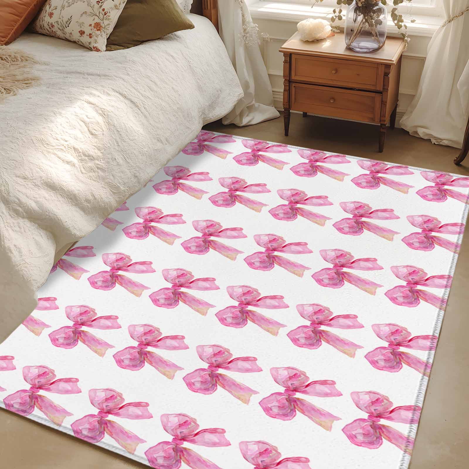 4x6Ft Area Rugs Pink Bow Ribbon Non-Skid Rubber Backing Large Rectangle ...