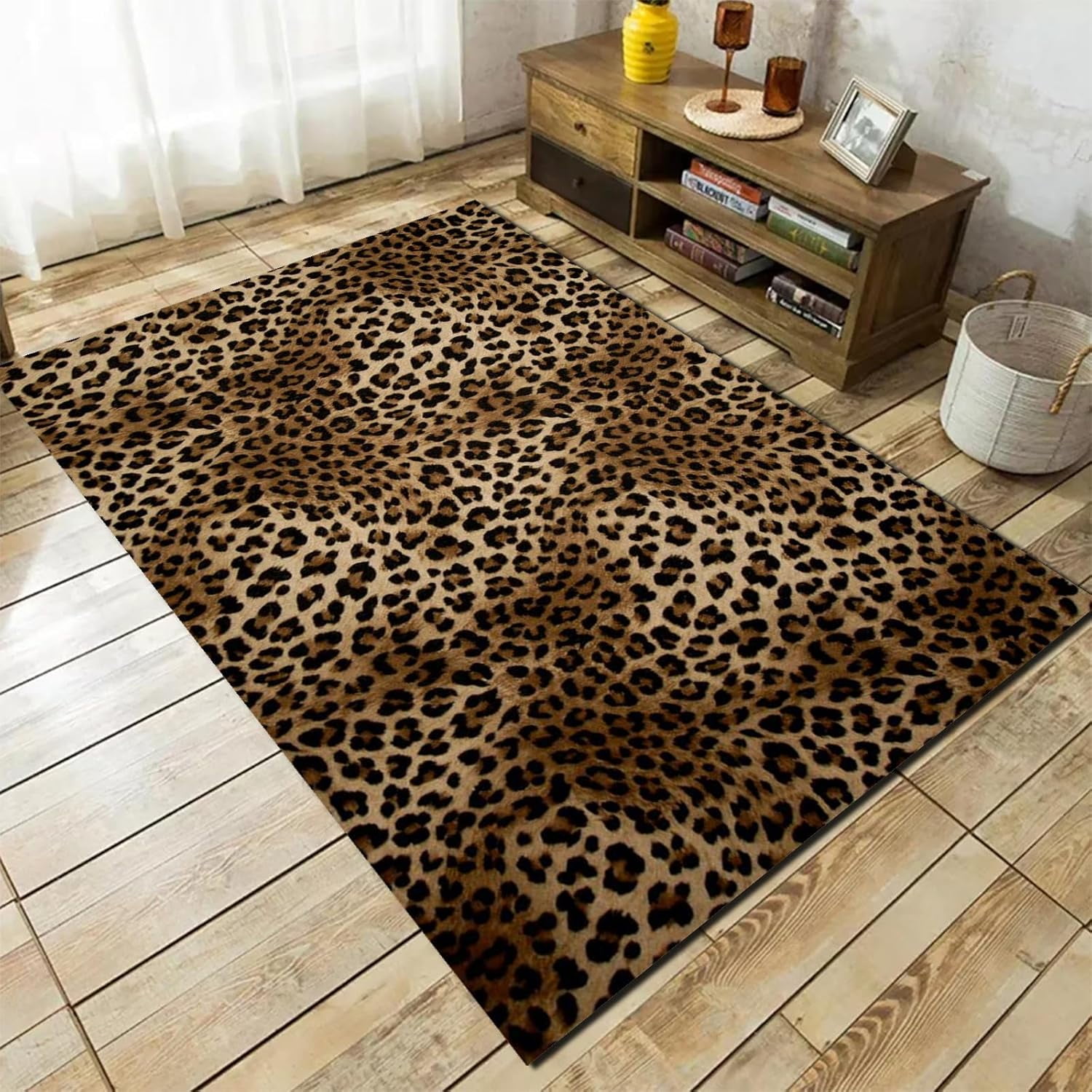 4x6ft Modern Crystal Velvet Area Rug, Print Brown Leopard Rugs, Non ...
