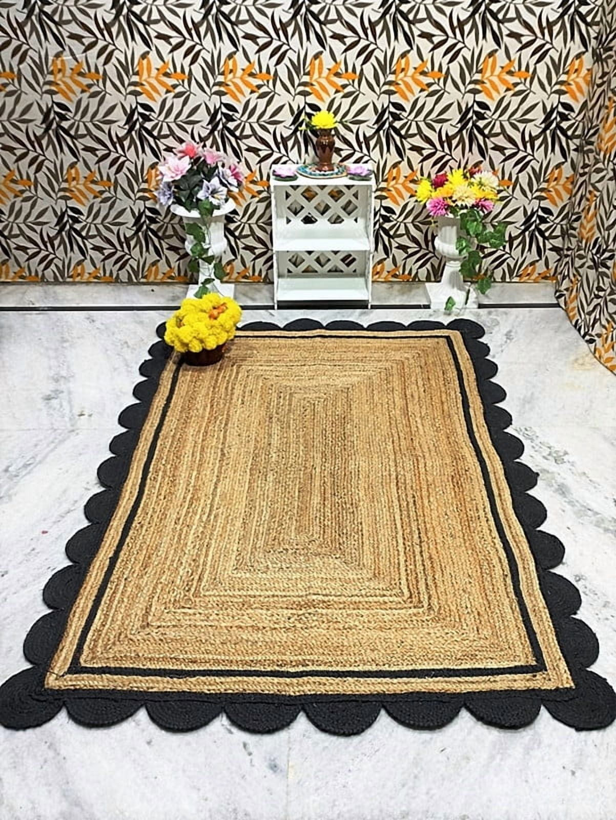4x8 Ft Black & Natural Jute Premium Scalloped Jute Rug – Handcrafted ...