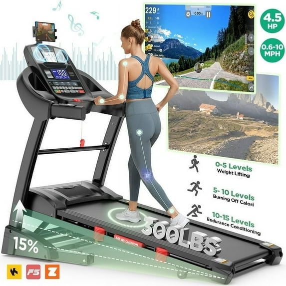 5.0 HP Folding Treadmill with 15-Level Adjustable Incline, 10mph Speed ...