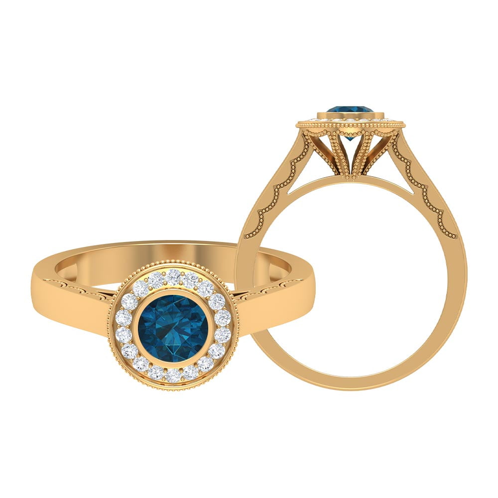 5.00 MM Bezel Set London Blue Topaz Solitaire with Diamond Halo ...