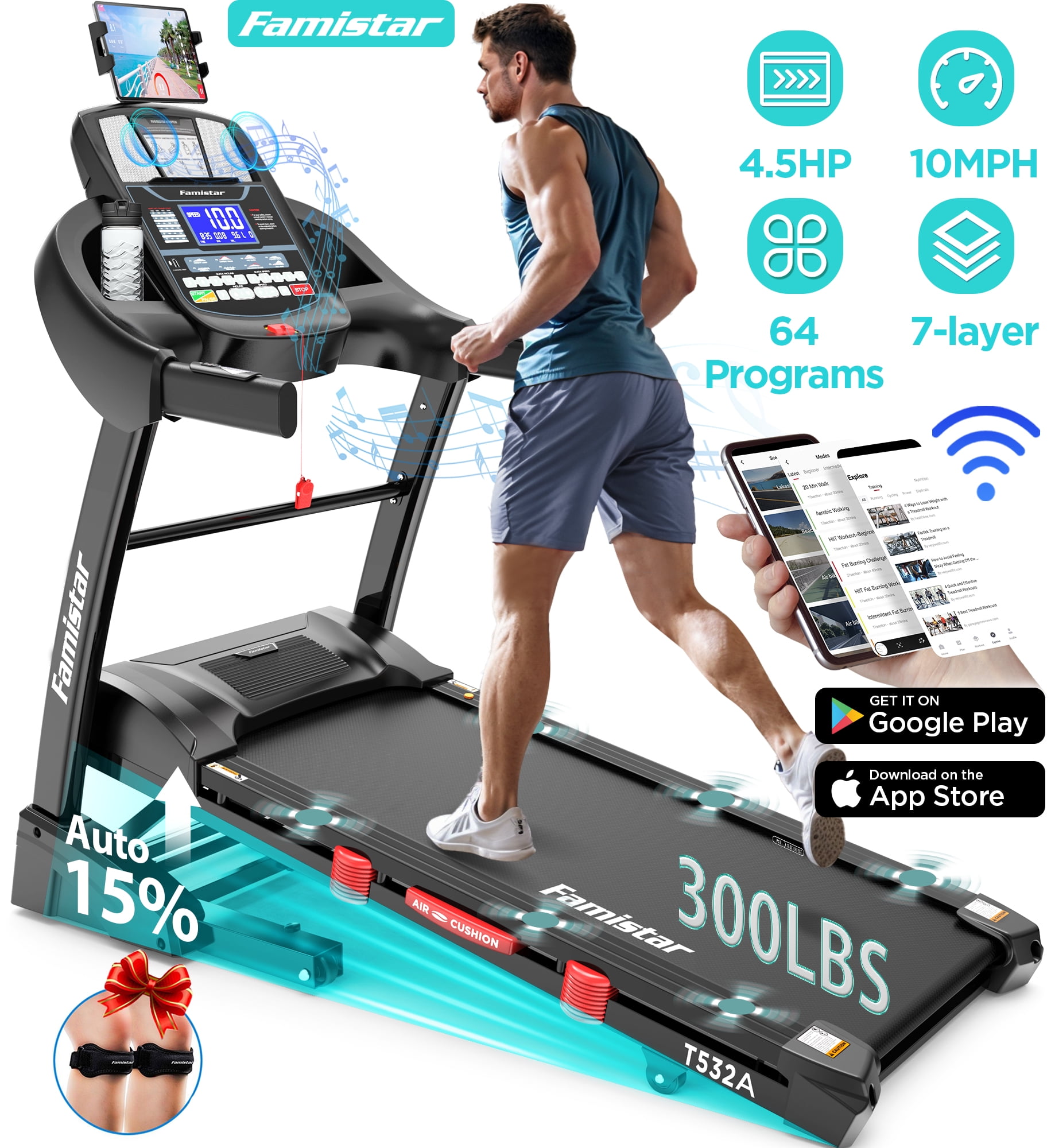 5.0HP 300LB Capacity Treadmill for Home, Foldable Treadmill w/ 15% Auto ...