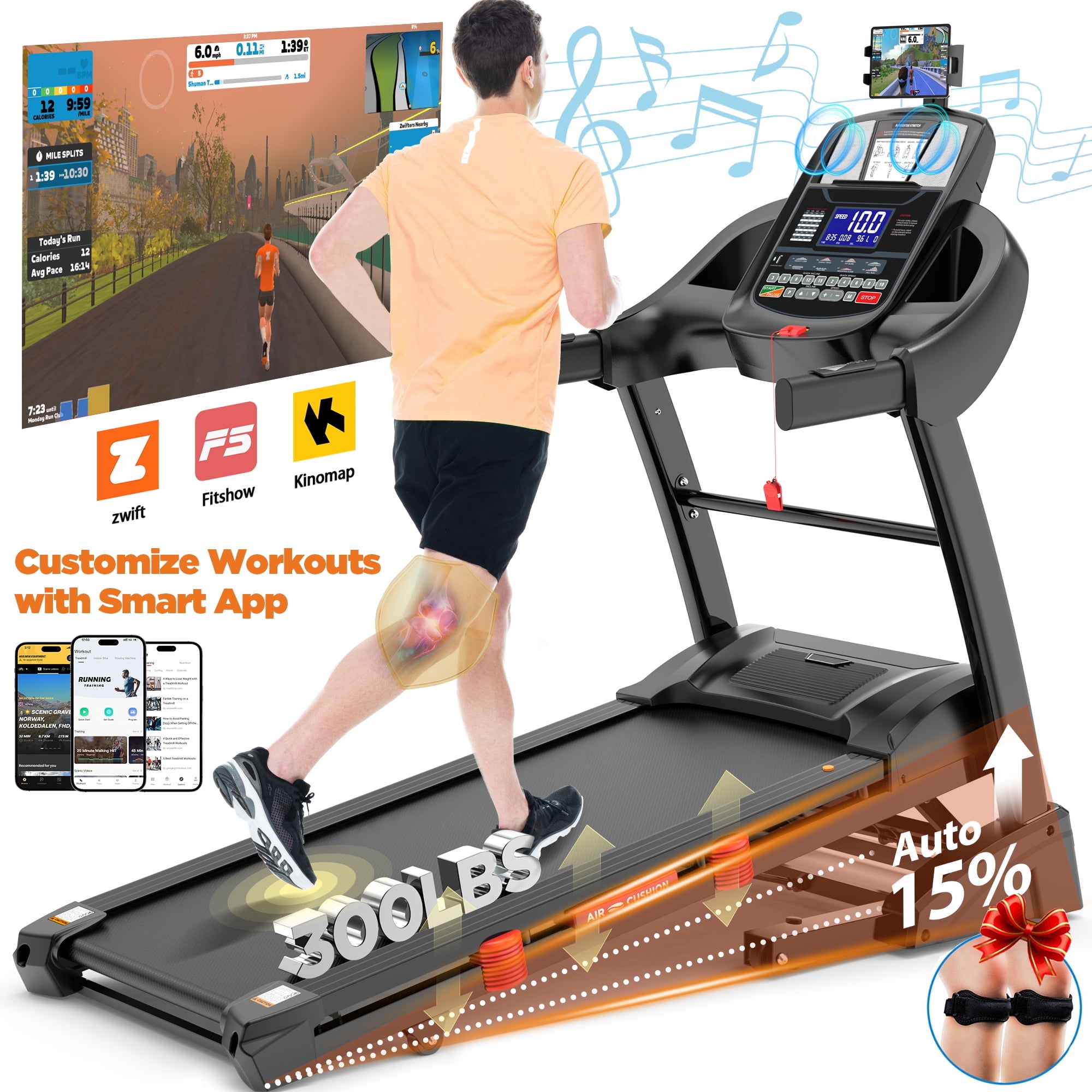 5.0HP 300LB Capacity Treadmill for Home, Foldable Treadmill w/ 15% Auto ...