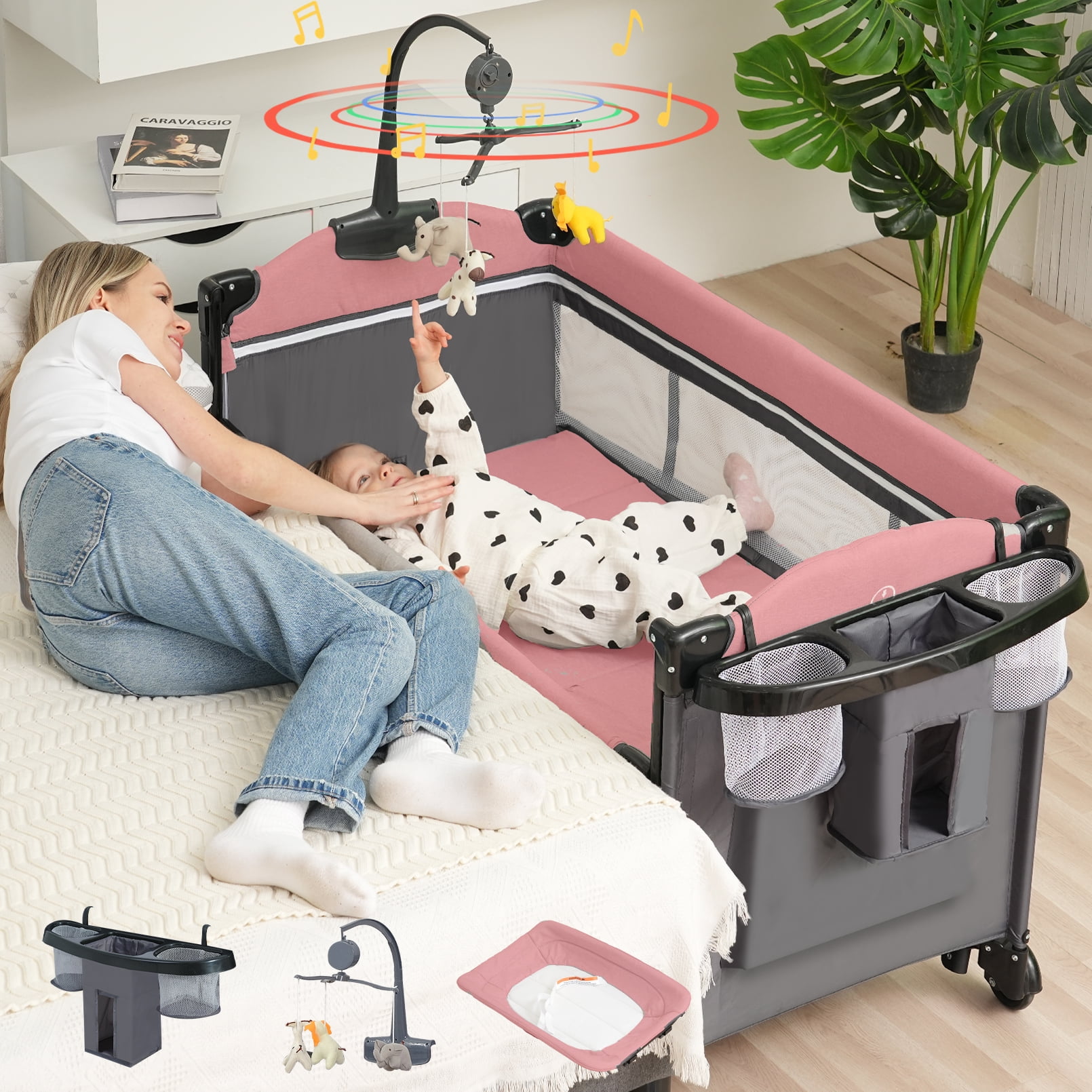 Youluzhen 5-Panel Baby Play Yard with Portable Bedside Sleeper, Pack ...