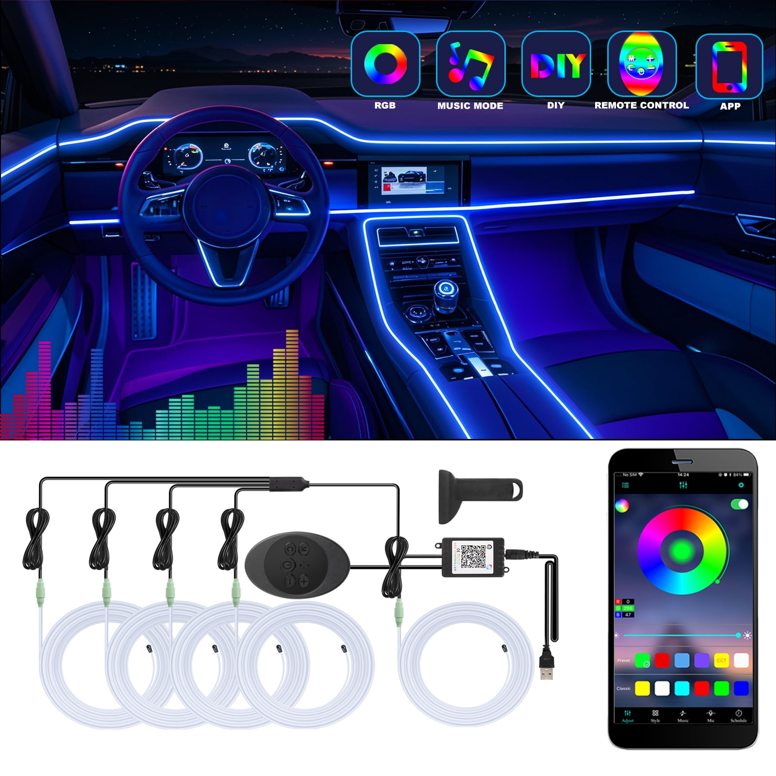 5 in 1 Car Led Strip Lights with App Control, RGB Colors Interior Car ...