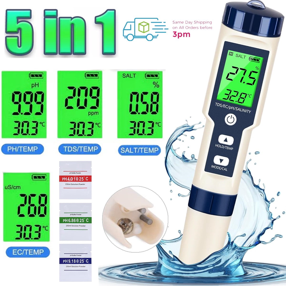 5 In 1 Digital Water Quality Tester Meter PH TDS EC Salinity ...