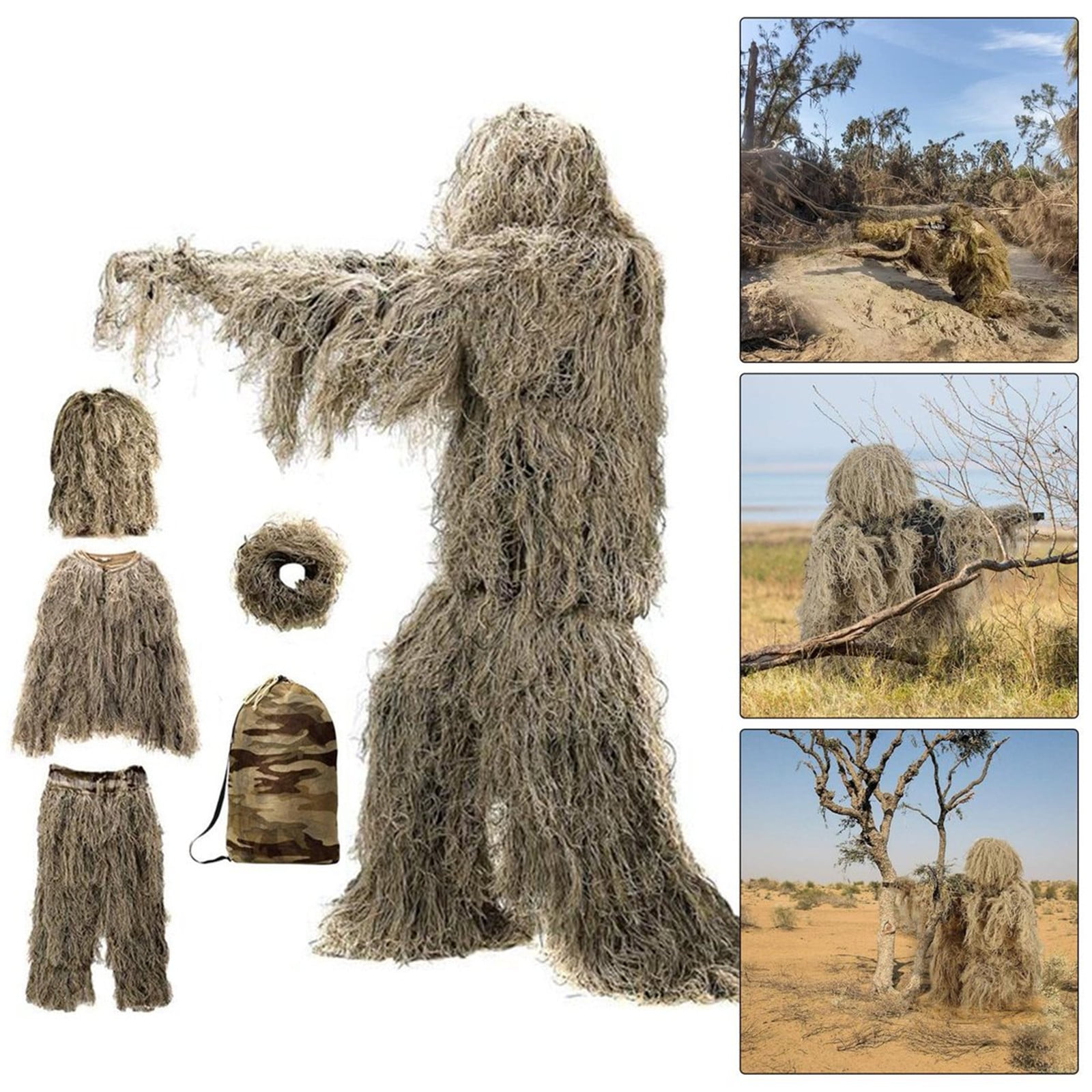 5 in 1 Ghillie Suit, 3d Camouflage Hunting Apparel, Jacket, Pants, Hood, Carry Bag, Portable ...