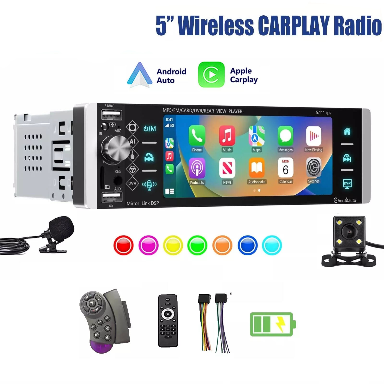 5.1" HD Touchscreen Single 1 DIN Universal Car Stereo Radio Wireless ...