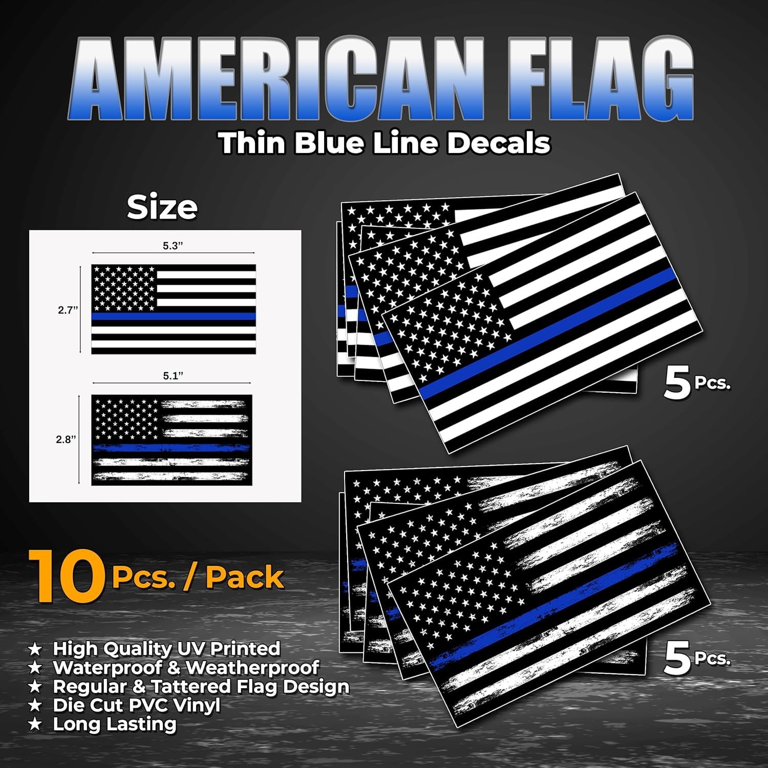 5.1 Inch X 3 Inch Thin Blue Line US Flag Decal Stickers Pack of 10 for ...