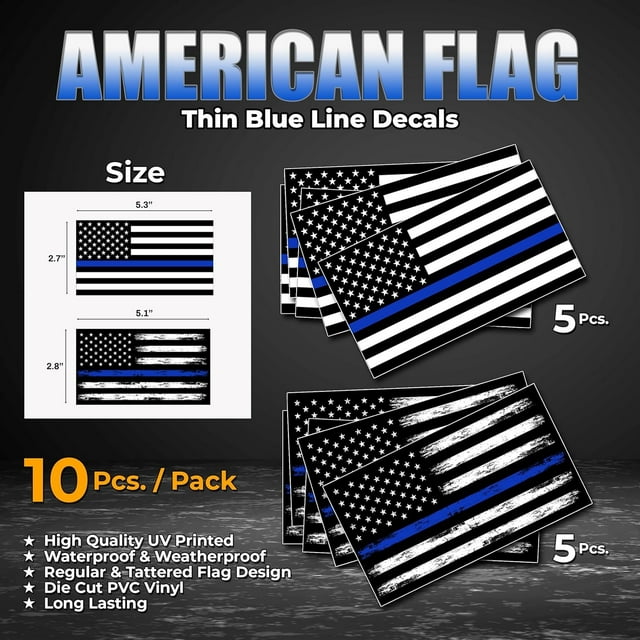5.1 Inch X 3 Inch Thin Blue Line US Flag Decal Stickers Pack of 10 for ...
