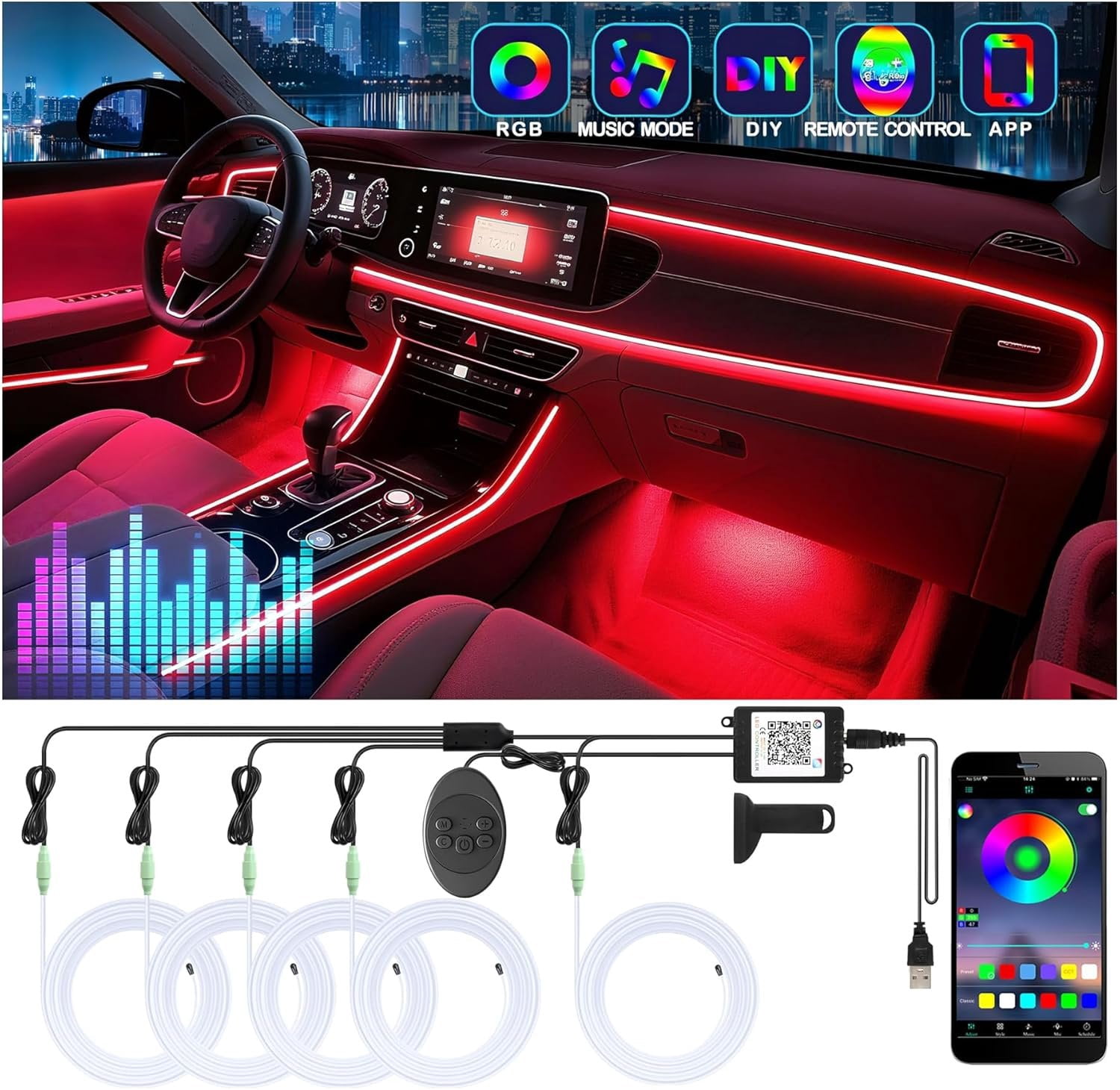 5 in 1 Led Strip Lights with App Control, RGB Colors Interior Lights ...