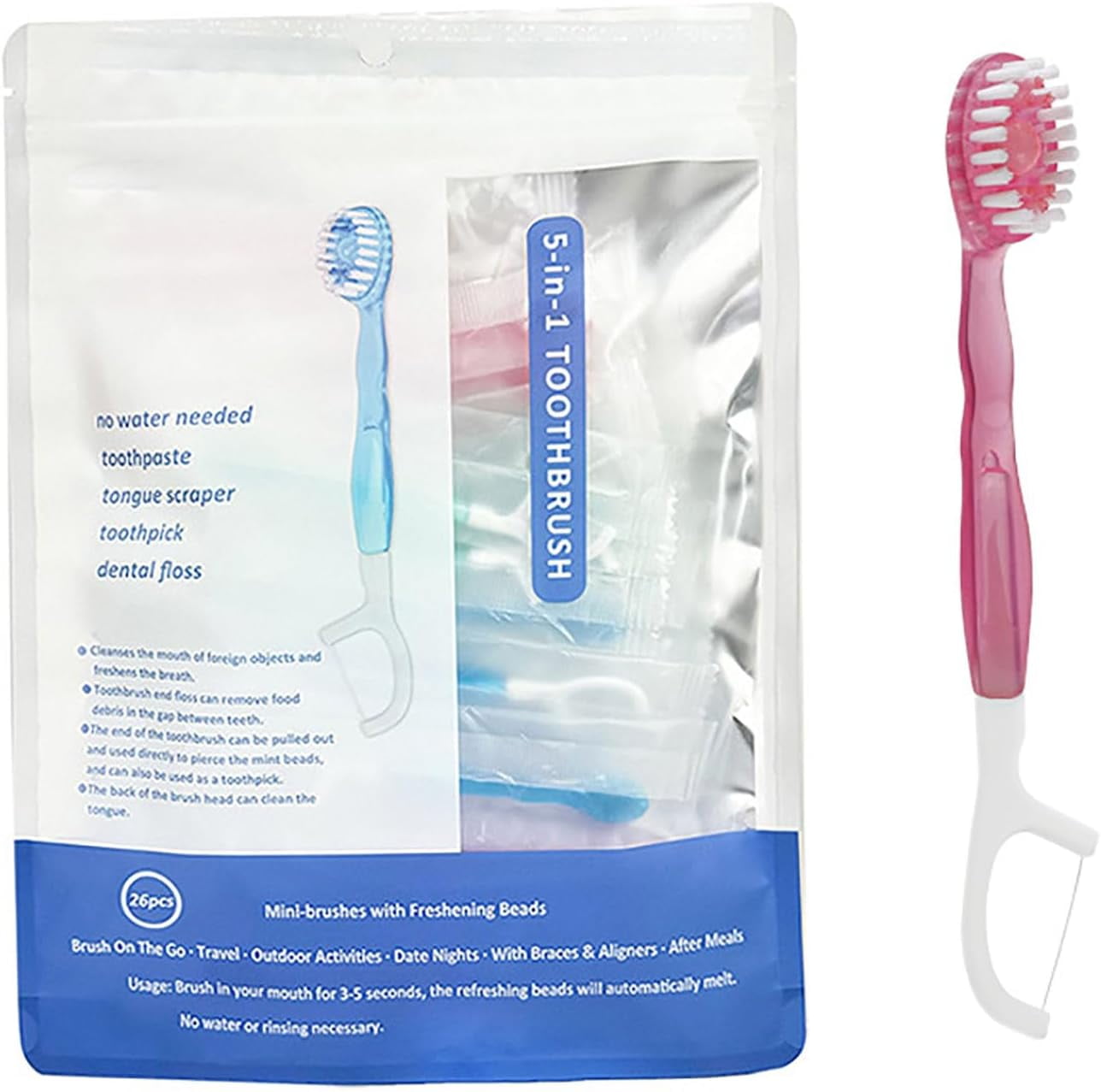 5 in 1 Mini Toothbrush and Floss, 5 in 1 Mini Disposable Toothbrushes ...
